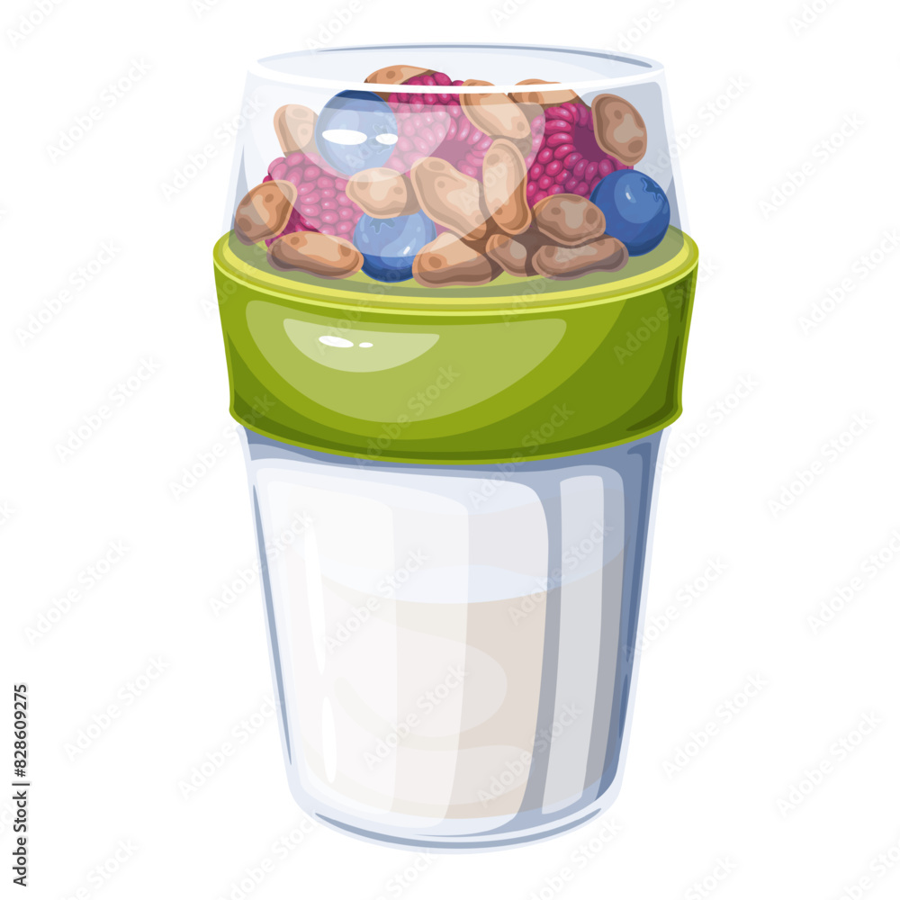 Yogurt box with cookie and berry snack, cartoon school lunchbox food ...