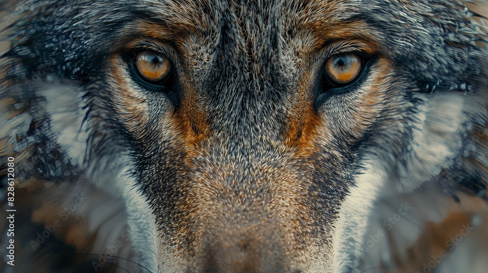 Сlose up portrait of a wolf with two gray, cruel eyes, a fierce face ...