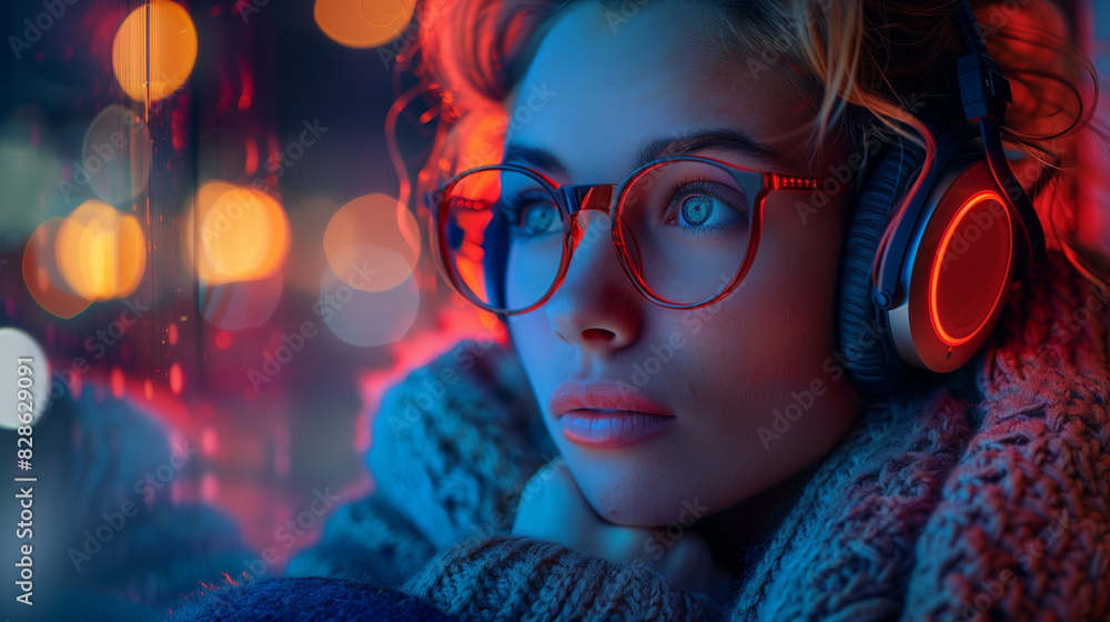 Lofi Lo-fi woman in her 50s with glasses and headphones in her office ...