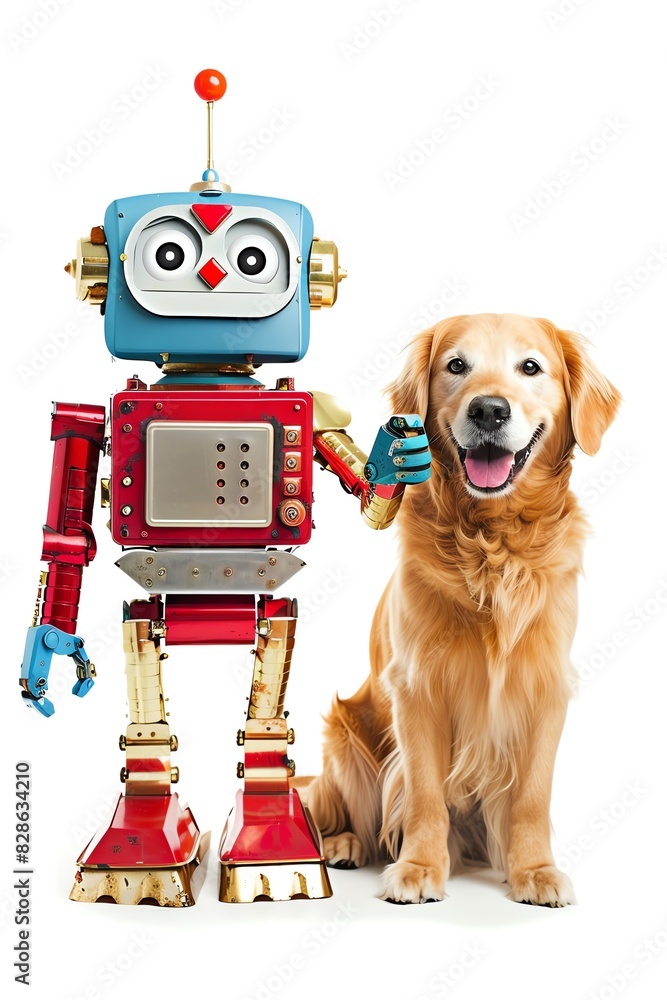 A robot and a Golden Retriever are standing side by side, looking at ...