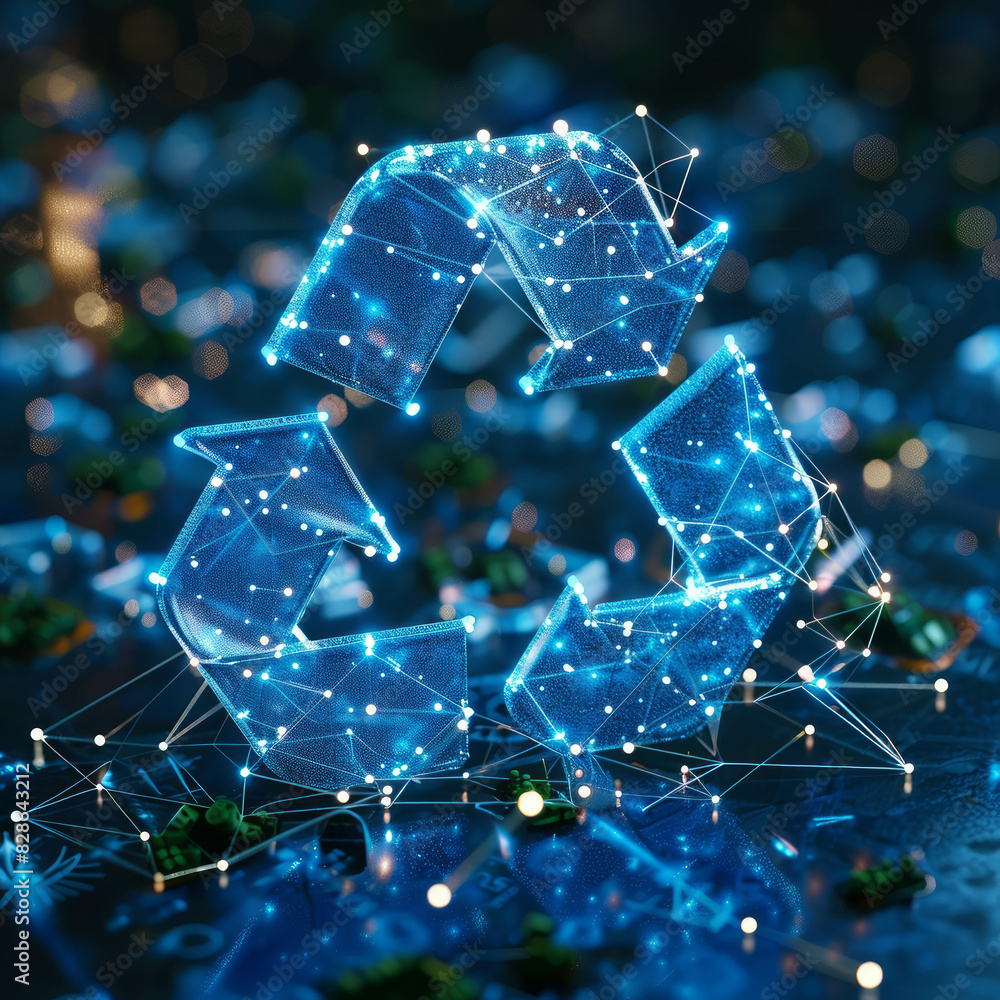 3D rendering of a blue recycling symbol, symbolizing environmental ...