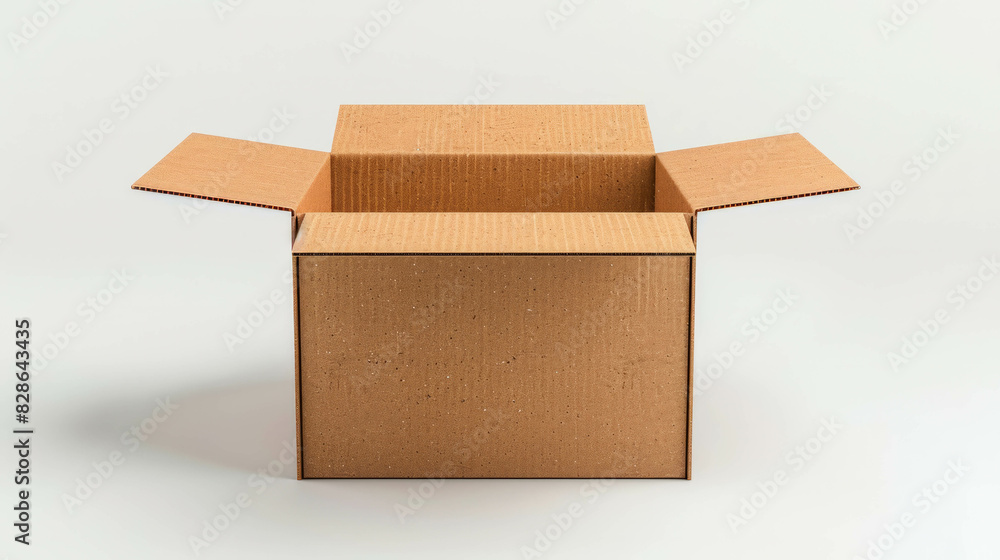Front view of a large cardboard box with an open lid, displayed in a ...