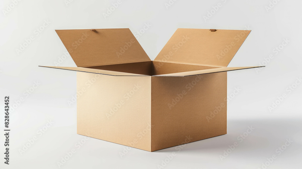 Large cube cardboard box with an open lid, shown from the front in a ...