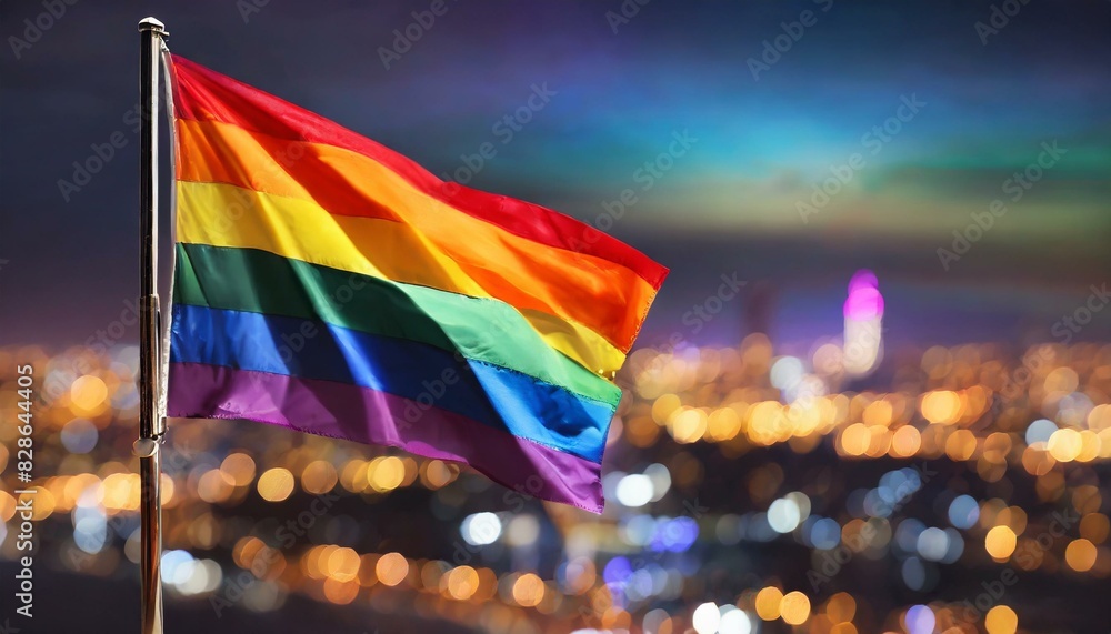 LGBT flag against the backdrop of a large night glowing city metropolis ...