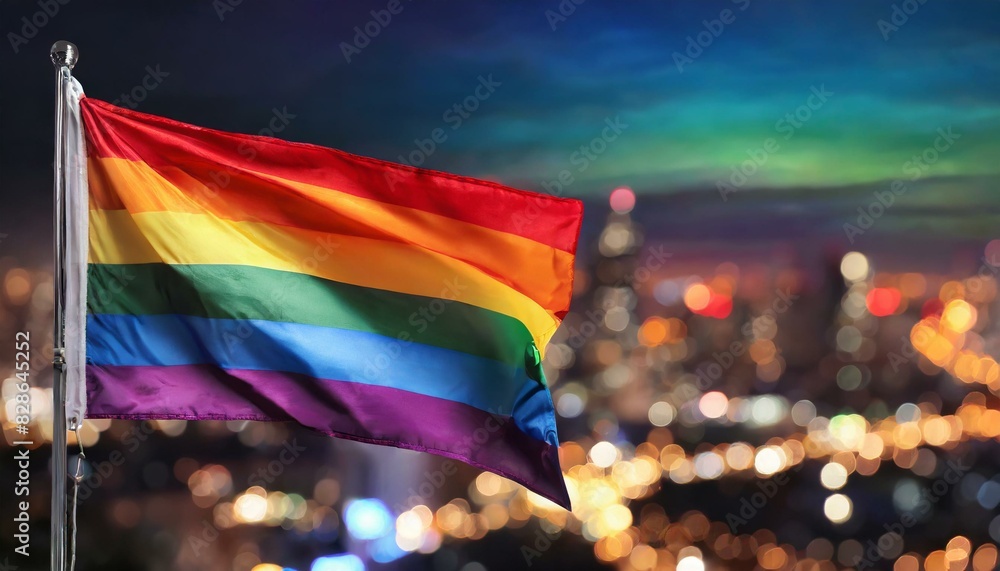 LGBT flag against the backdrop of a large night glowing city metropolis ...