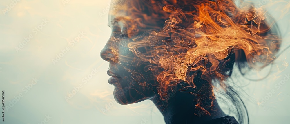 The photo shows a woman with fire in her hair. She is looking to the ...