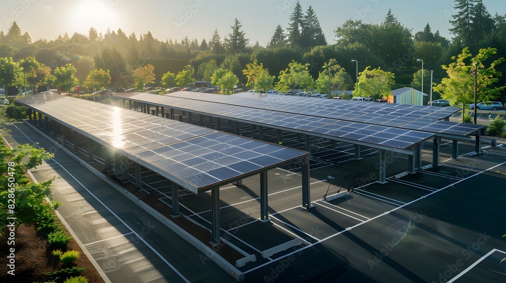 An aerial view of the solar carport with multiple panels, showcasing ...