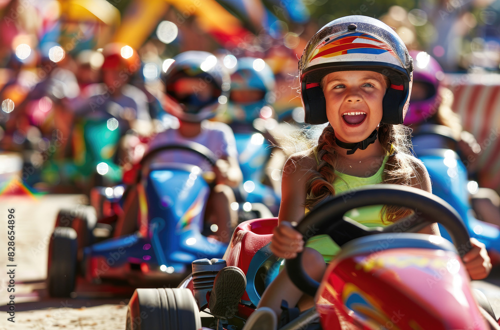 A group of children driving go-karts at an amusement park, laughing and ...