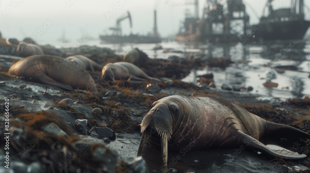 A group of dying walruses lies on an oil-polluted beach. An oil spill ...