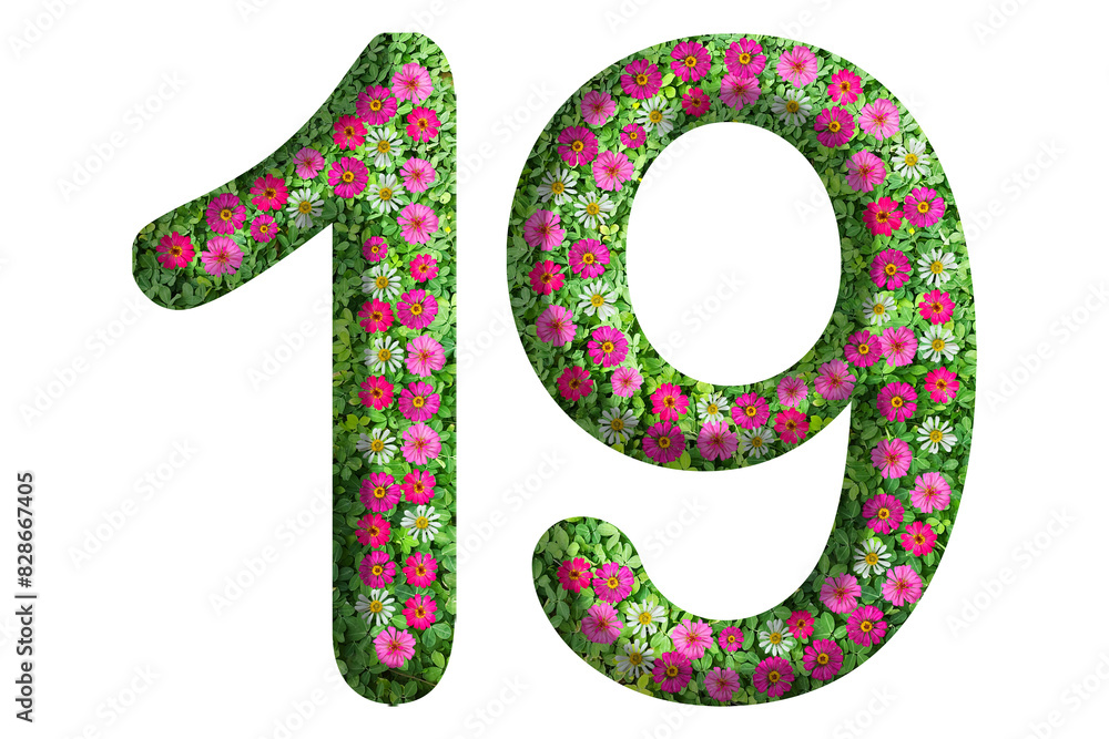 3d of the number 19 is made of green grass and beautiful flower ...