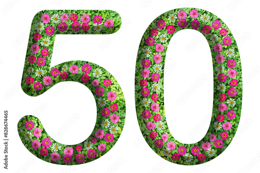 3d of the number 50 is made of green grass and beautiful flower ...
