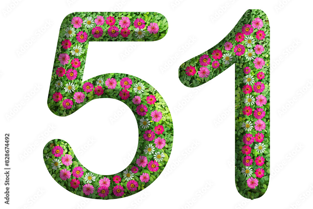 3d of the number 51 is made of green grass and beautiful flower ...