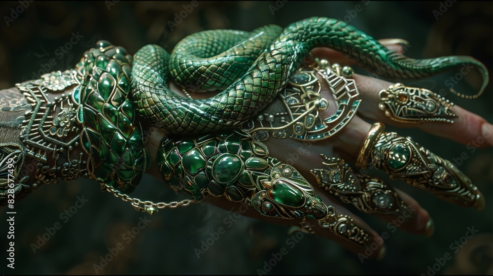 A green snake wraps around the wrist and forearm, its scales rendered ...