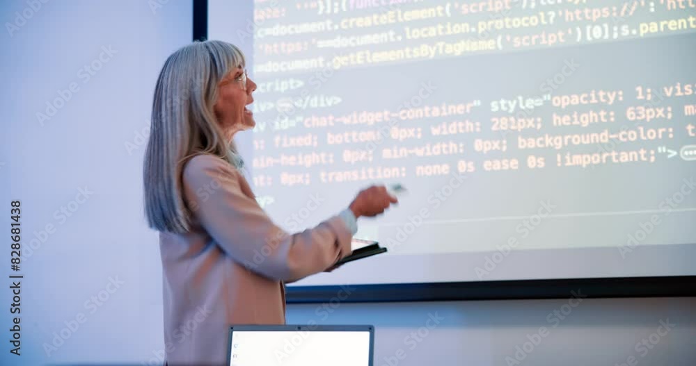 Female teacher, coding and screen on campus for education with html, teaching with technology ...