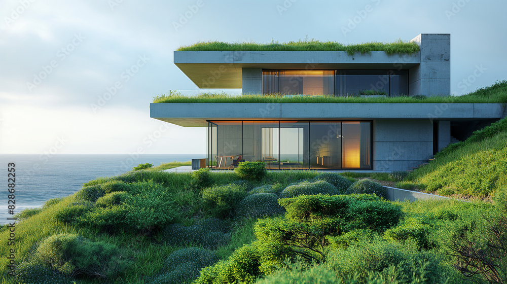 a modern house set in landscape with a tall grassy hill, in the style ...