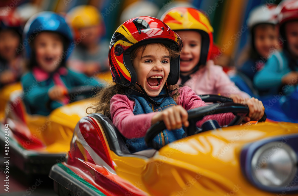 A group of children driving go-karts at an amusement park, laughing and ...