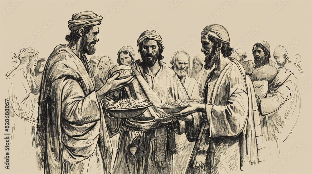 Feeding of 4,000 by Jesus, Loaves and Fishes, Biblical Illustration ...