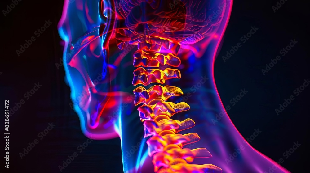 Anatomy of the human spine, close up, focus on, vibrant hues, double ...