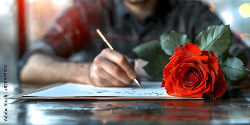 Man writing a love letter with a red rose on a desk in selective ...