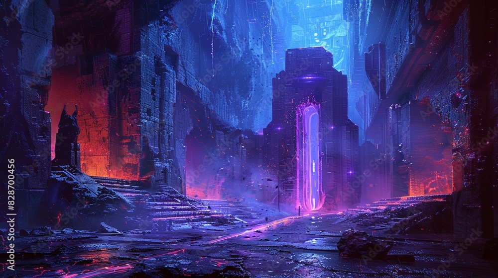 Hightech dungeon with robotic guards and laser barriers, neon lights ...