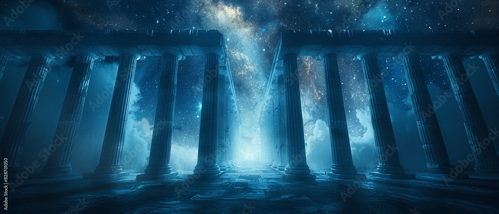 Greek temple with celestial patterns and starry sky, mystical ambiance ...