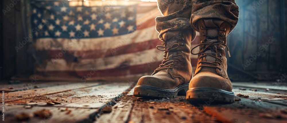 Worn military boots and flag in background, soft warm light, rustic ...