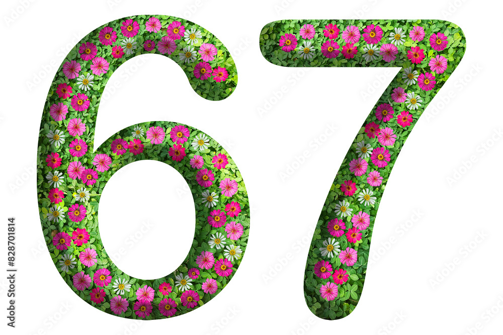 3d of the number 67 is made of green grass and beautiful flower ...