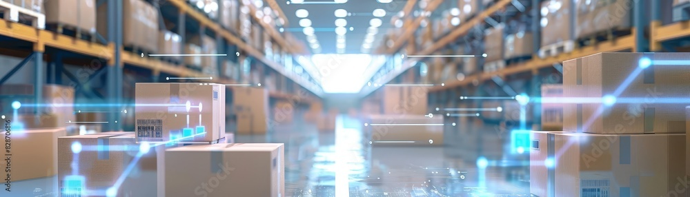 Modern warehouse with stacked boxes and digital technology integration ...
