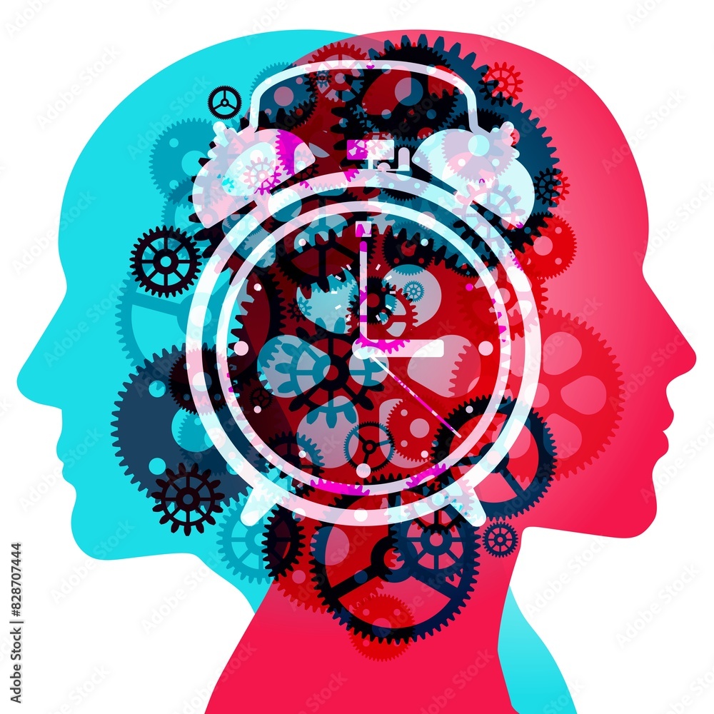 Two overlapping human profiles are depicted with an intricate network ...