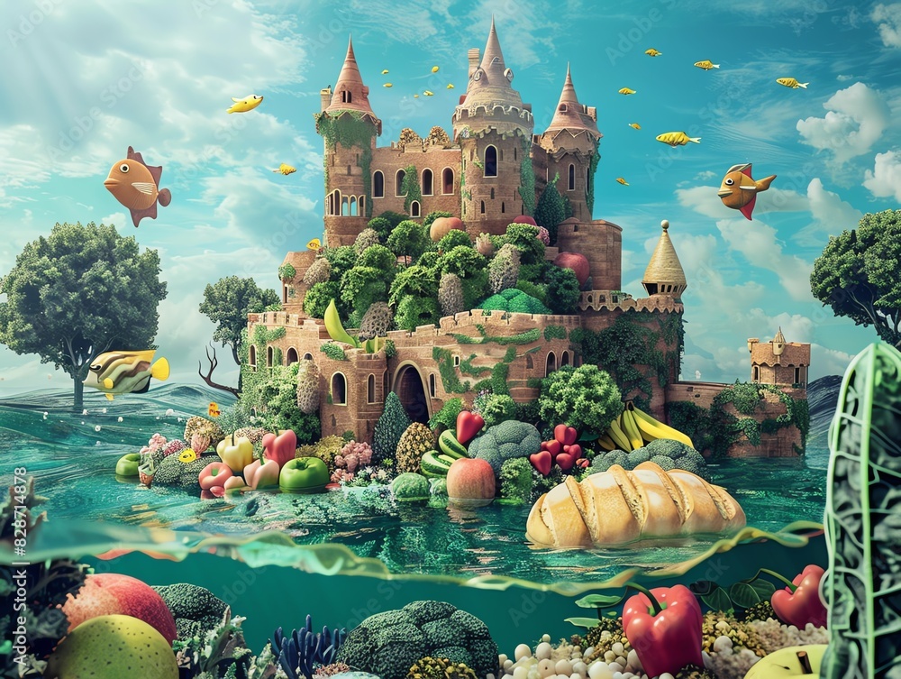 Whimsical fantasy castle made of fruits and vegetables on an island ...