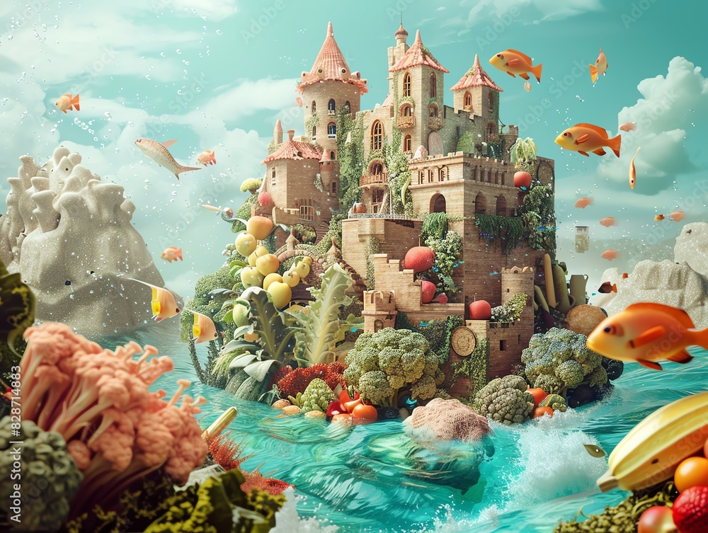 Surreal fantasy castle with colorful underwater elements, floating fish ...