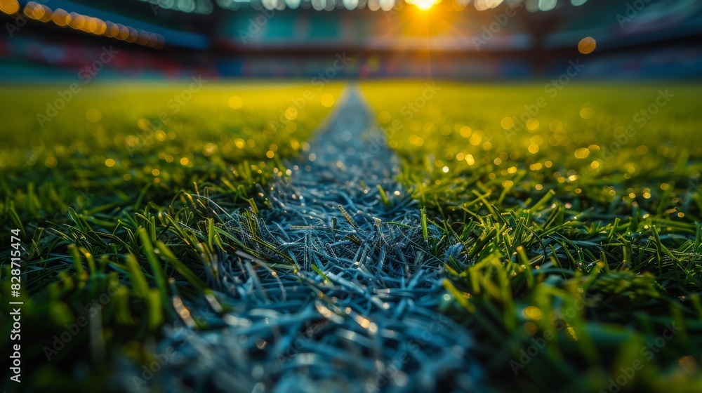 A close-up of dewy soccer field grass with the painted white boundary ...