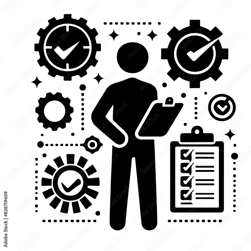 Project Management Icon A detailed black and white icon depicting a ...