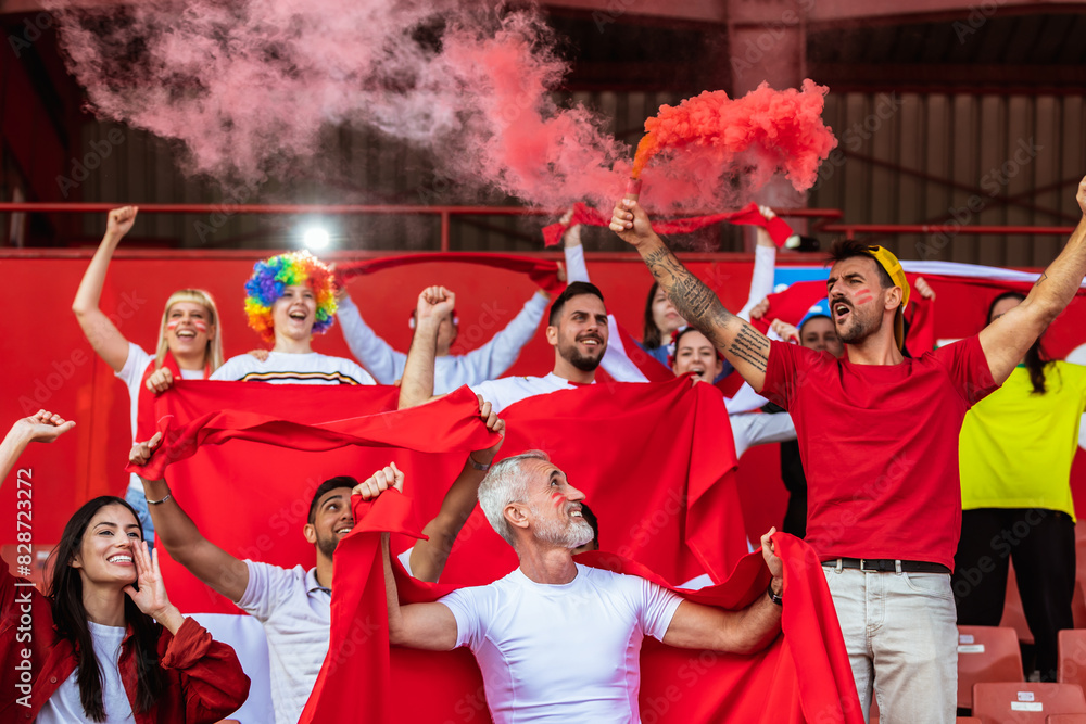 Sport fans lit torches in the stadium at the game. Red colors, flags ...
