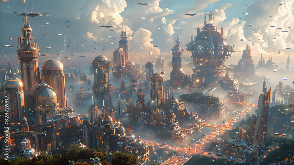 illustration of a futuristic cityscape with towering skyscrapers flying ...