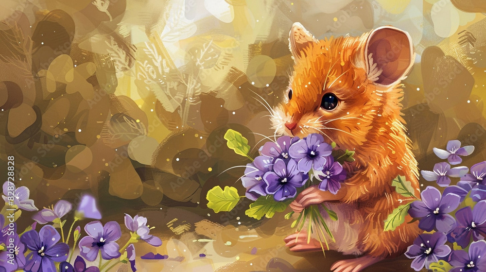 Cute little mouse holding flowers, beautiful background with forget-me ...