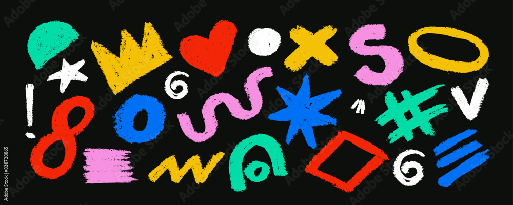 Collection of color brush drawn symbols: hearts, crowns, arrows ...
