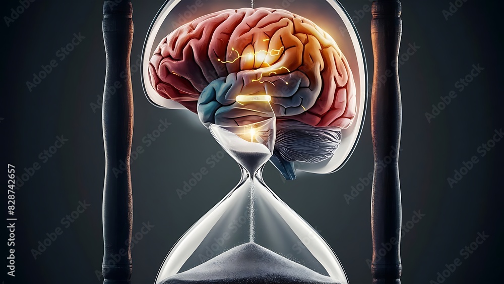 Human brain in hourglass, medical and psychology concept, brain aging ...