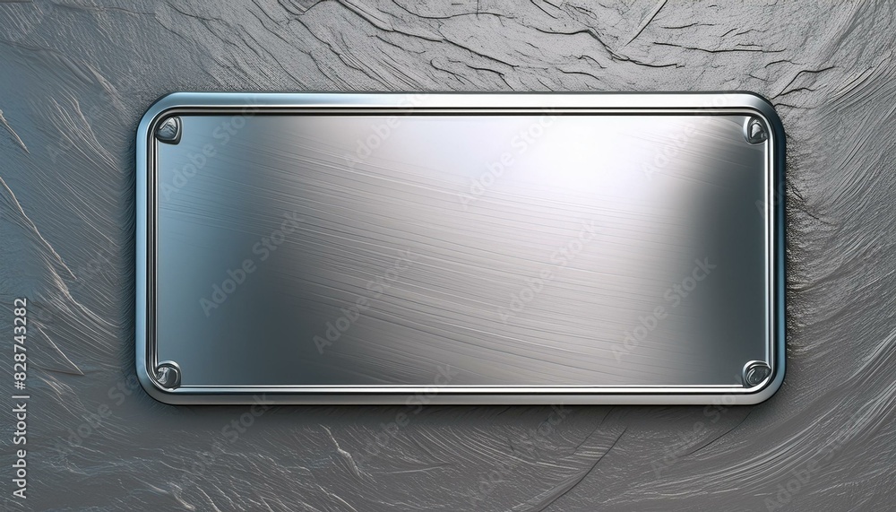 Silver large metal plate with rounded corners is mounted on the wall ...