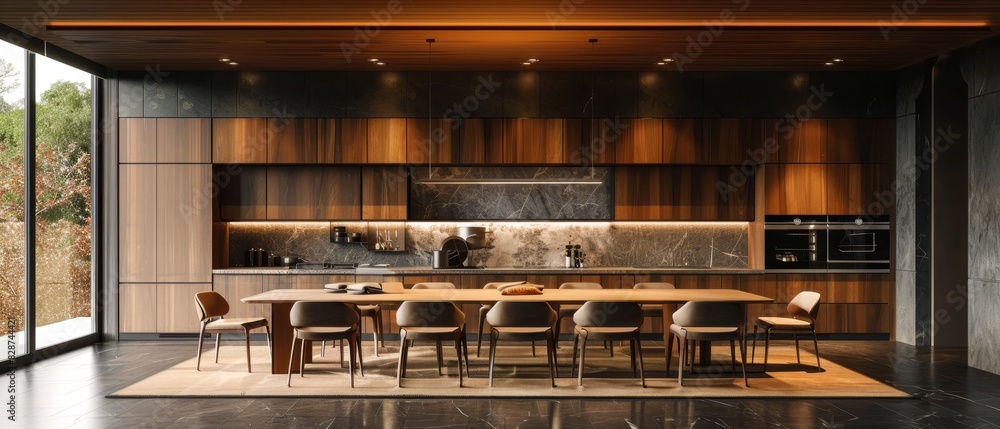 large kitchen room with modern interior design with wood table and ...