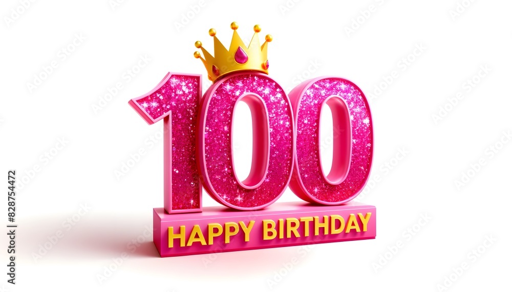 100th Birthday Graphic with Pink Glitter, Yellow Crown, and 3D 'Happy ...
