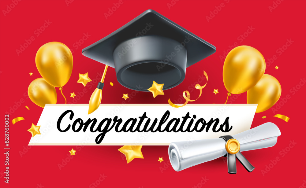 Vector illustration of black graduate cap and diploma scroll on red ...