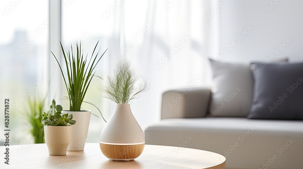 Aroma oil diffuser on table in modern home, steam rising from diffuser ...