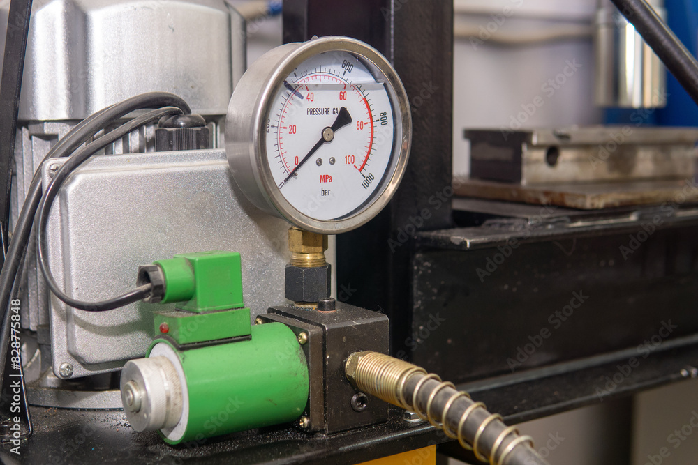 pressure gauge, pressure sensor on the compressor of an industrial ...