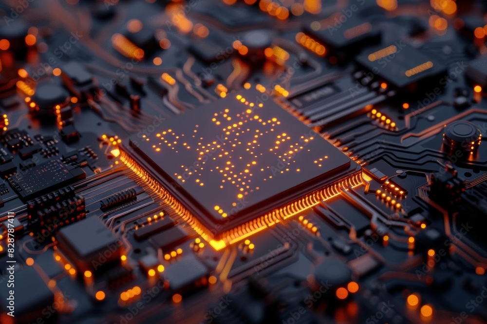 Abstract representation of a CPU and electronic circuit, glowing with ...
