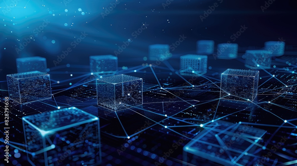 Digital representation of blockchain technology with interconnected cubes on a network grid ...