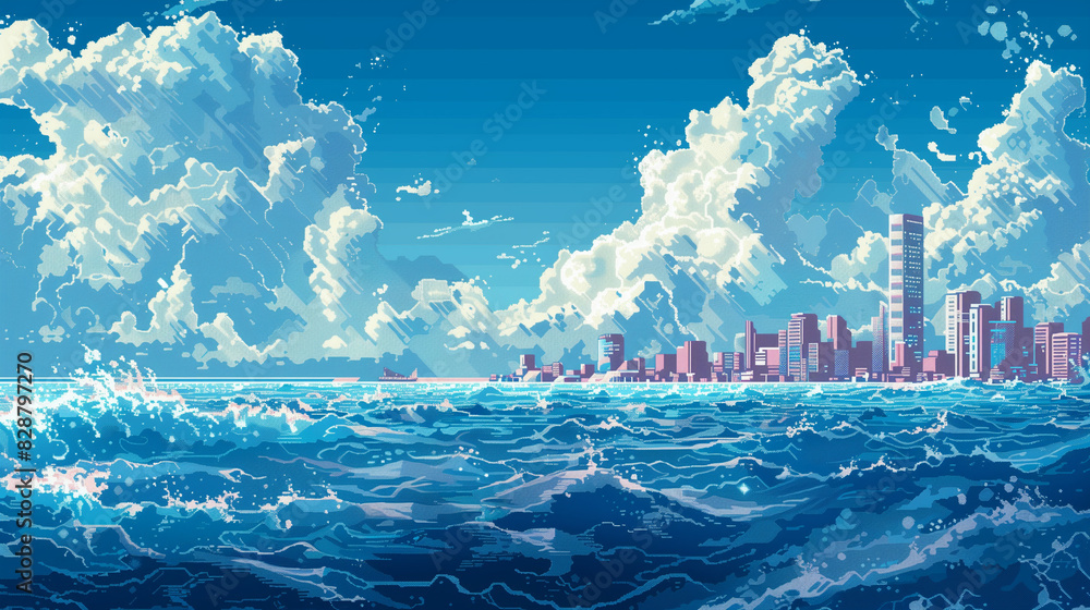 Pixel art scene of the sea with a dystopian city in the background ...