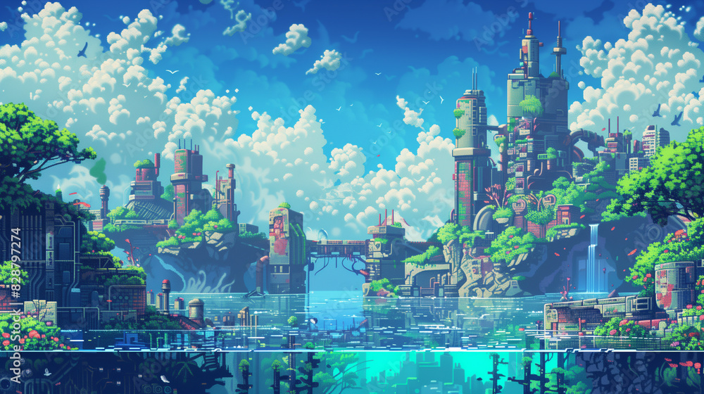 Pixel art scene of the sea with a dystopian city in the background ...