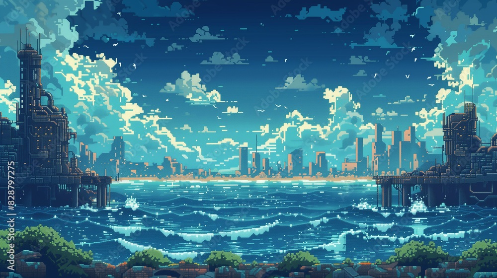 Pixel art scene of the sea with a dystopian city in the background ...