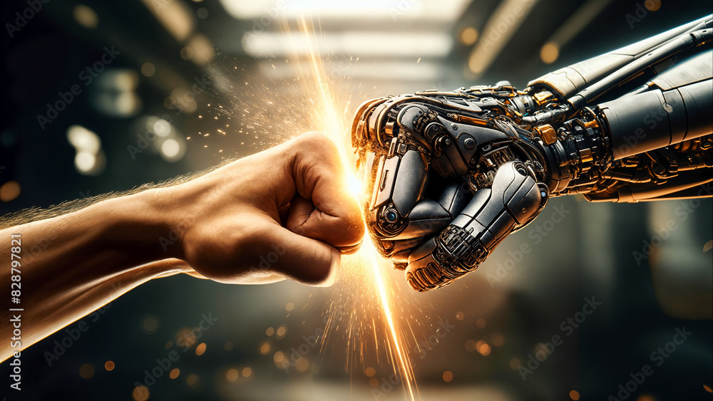 Human vs AI. Human fist clashing with robotic hand, symbolizing tension ...